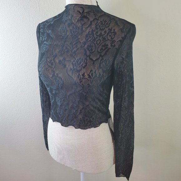 SHEIN | Tops | Shein Womens Black Floral Print Mock Neck Sheer Mesh Top ...